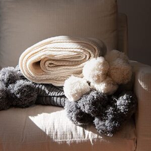 Best Home Fashion Knitted Pom Throw - Ivory - 50" W x 60" L - (1 Throw)