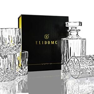 ELIDOMC 5PC Italian Crafted Crystal Whiskey Decanter & Whiskey Glasses Set, Crystal Decanter Set With 4 Whiskey Glasses, Whiskey Decanter Sets for Men