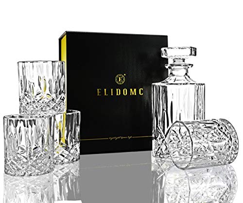 ELIDOMC 5PC Italian Crafted Crystal Whiskey Decanter & Whiskey Glasses Set, Crystal Decanter Set With 4 Whiskey Glasses, Whiskey Decanter Sets for Men