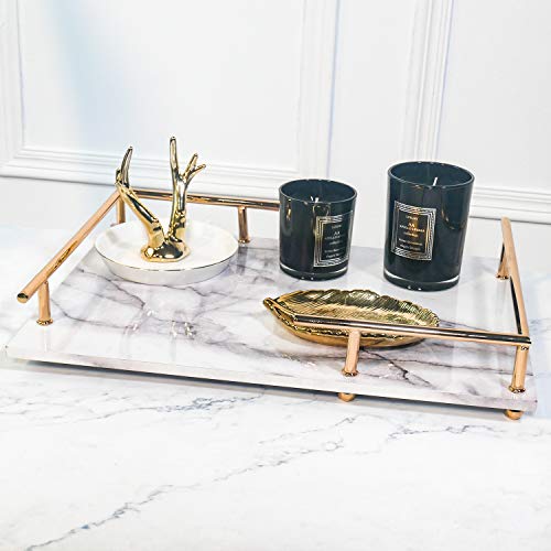 PuTwo Decorative Tray, MDF Tray with Marble Print, Handmade Vanity Tray, Perfume Tray with Gold Metal Handle, Trinket Tray, Catchall Tray for Dresser Bathroom Vanity Table (Gray and White)