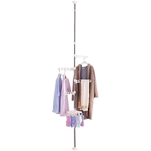 Hershii Portable Indoor Garment Coat Drying Rack Free Standing Clothes Storage Hanger Telescopic Tension Pole DIY Floor to Ceiling Lundry Racks Adjustable Organizer System with 11 Clips - Ivory