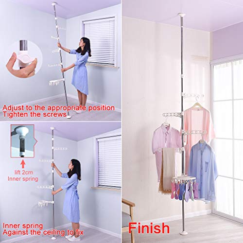 Hershii Portable Indoor Garment Coat Drying Rack Free Standing Clothes Storage Hanger Telescopic Tension Pole DIY Floor to Ceiling Lundry Racks Adjustable Organizer System with 11 Clips - Ivory