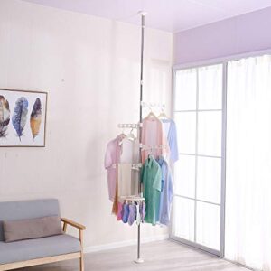 Hershii Portable Indoor Garment Coat Drying Rack Free Standing Clothes Storage Hanger Telescopic Tension Pole DIY Floor to Ceiling Lundry Racks Adjustable Organizer System with 11 Clips - Ivory