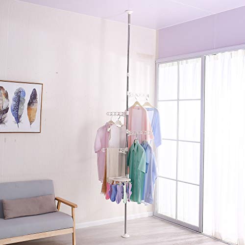 Hershii Portable Indoor Garment Coat Drying Rack Free Standing Clothes Storage Hanger Telescopic Tension Pole DIY Floor to Ceiling Lundry Racks Adjustable Organizer System with 11 Clips - Ivory