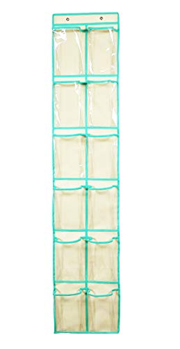 NIMES Hanging Narrow Door Over The Door Shoe Organizer Closet Storage 12 Large Clear Pockets Chart (Beige)