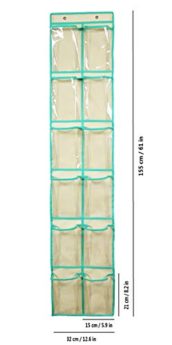 NIMES Hanging Narrow Door Over The Door Shoe Organizer Closet Storage 12 Large Clear Pockets Chart (Beige)