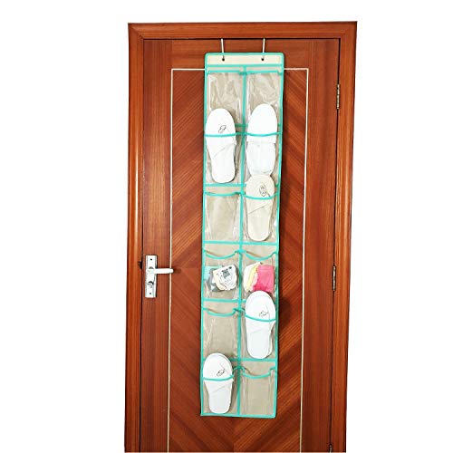 NIMES Hanging Narrow Door Over The Door Shoe Organizer Closet Storage 12 Large Clear Pockets Chart (Beige)