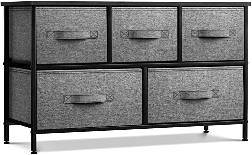 Sorbus Dresser with 5 Drawers - Storage Chest Organizer Unit with Steel Frame, Wood Top, Easy Pull Fabric Bins - Long Wide TV Stand for Bedroom Furniture, Hallway, Closet & Office Organization