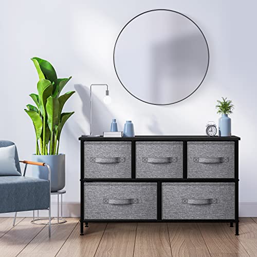 Sorbus Dresser with 5 Drawers - Storage Chest Organizer Unit with Steel Frame, Wood Top, Easy Pull Fabric Bins - Long Wide TV Stand for Bedroom Furniture, Hallway, Closet & Office Organization