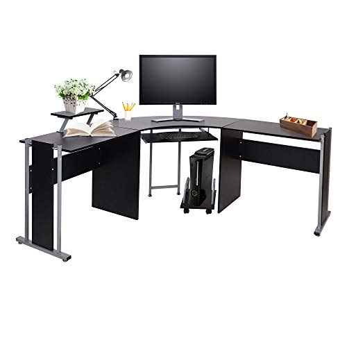 LUCKYERMORE 71" L-Shaped Gaming Desk -Large Desktop 22” Wide Wood Curved Corner Desk -Sturdy Computer Desks PC Laptop Table Workstation for Home Office, Black