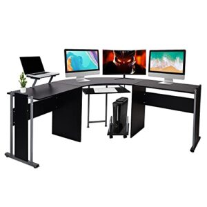 luckyermore 71" l-shaped gaming desk -large desktop 22” wide wood curved corner desk -sturdy computer desks pc laptop table workstation for home office, black