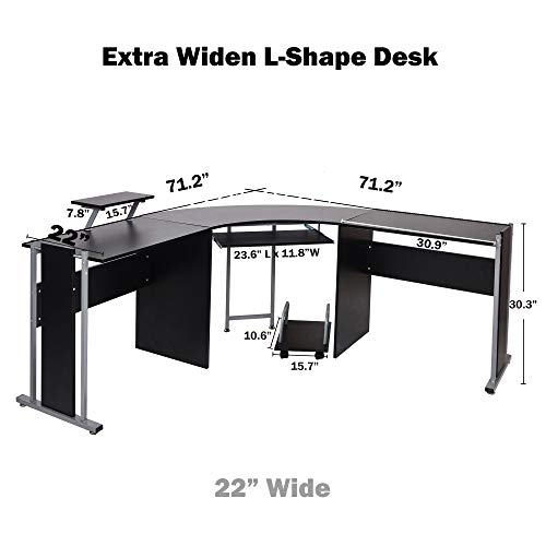 LUCKYERMORE 71" L-Shaped Gaming Desk -Large Desktop 22” Wide Wood Curved Corner Desk -Sturdy Computer Desks PC Laptop Table Workstation for Home Office, Black