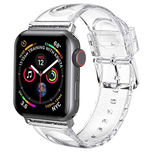 iiteeology Compatible with Apple Watch Band 38mm 40mm 41mm, Women Glitter Soft Silicone Sports iWatch Band Strap for Apple Watch Series 8/7/6/SE/5/4/3/2/1 - Clear/Silver