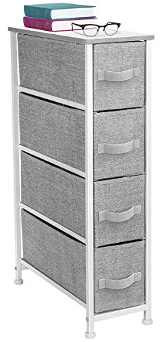 Sorbus Narrow Dresser with 4 Drawers - Vertical Slim Storage Chest of Drawers with Steel Frame, Wood Top & Easy Pull Fabric Bins for Small Spaces, Closets, Bedroom, Bathroom & Laundry (White/Gray)