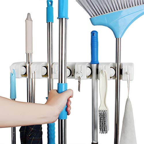 QTJH broom and mop holder wall mounted Storage cleaning Tools Commercial Mop Rack closet organizer tool hanger for Kitchen Garden laundry room and Garage,Handles Up to 1.41-Inches (write, one 5slots)