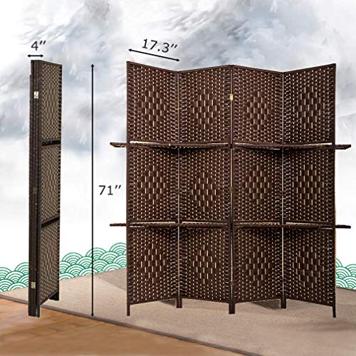 Room Divider 4 Panel Room Screen Divider Wooden Screen Folding Portable Partition Screen Wood with Removable Storage Shelves Color,Brown