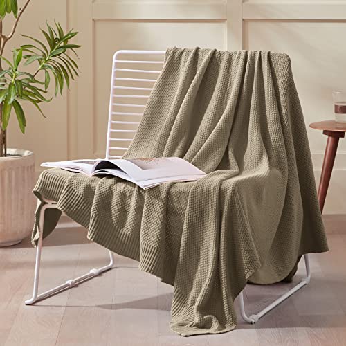 TREELY 100% Cotton Knitted Throw Blanket for Couch Chair Bed Home Decorative, Soft & Cozy Knit Throw Blanket(50"x60", Khaki)