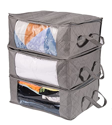 Amazon Basics Foldable Large Zippered Storage Bag Organizer Cubes with Clear Window & Handles, 3-Pack, Gray