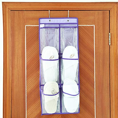 ANIZER Over The Door Hanging Shoe Organizer Narrow Closet Door Shoe Storage 6 Large Clear Pockets Chart 2 Pack (PURPLE)