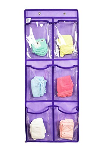 ANIZER Over The Door Hanging Shoe Organizer Narrow Closet Door Shoe Storage 6 Large Clear Pockets Chart 2 Pack (PURPLE)