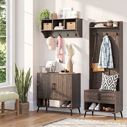 RiverRidge Home Woodbury Collection Cubbies and Hooks Wall Shelf, Dark Weathered Woodgrain