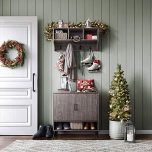 RiverRidge Home Woodbury Collection Cubbies and Hooks Wall Shelf, Dark Weathered Woodgrain