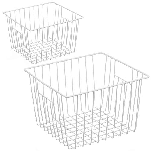 iPEGTOP Deep Refrigerator Freezer Baskets, Large Household Wire Storage Basket Bins Organizer with Handles for Kitchen, Pantry, Freezer, Cabinet, Closets, Pearl White, Set of 2