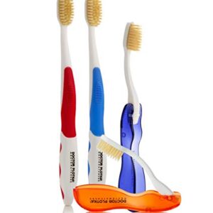 MOUTHWATCHERS Dr Plotkas Extra Soft Flossing Toothbrush, 2 Manual Soft Toothbrushes for Adults + 2 Folding Travel Toothbrushes, Good for Sensitive Teeth and Gums, 4 Pack - Colors Vary