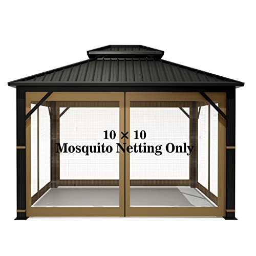 Gazebo Universal Replacement Mosquito Netting – Hugline 10' x 10' Outdoor Mesh Netting Screen 4-Panel Sidewall Curtain with Zipper (Khaki)