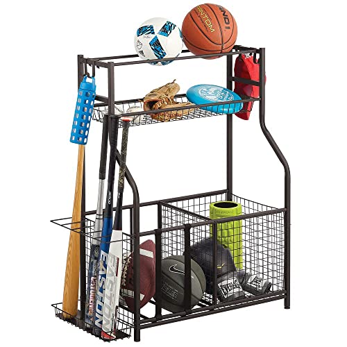 mDesign Metal Heavy Duty Garage Storage System Rack with Top Shelf, Multi-Purpose Sporting Goods Storage with Multiple Compartments, Baskets and Hooks - Holds Equipment, Balls, Bats - Bronze