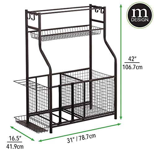 mDesign Metal Heavy Duty Garage Storage System Rack with Top Shelf, Multi-Purpose Sporting Goods Storage with Multiple Compartments, Baskets and Hooks - Holds Equipment, Balls, Bats - Bronze