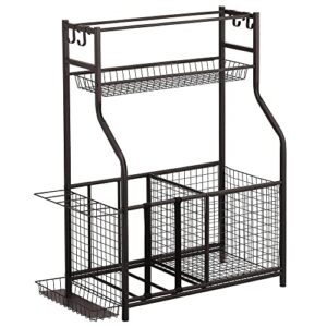 mDesign Metal Heavy Duty Garage Storage System Rack with Top Shelf, Multi-Purpose Sporting Goods Storage with Multiple Compartments, Baskets and Hooks - Holds Equipment, Balls, Bats - Bronze