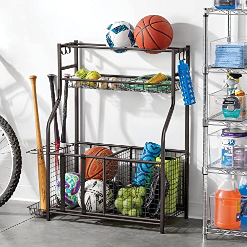 mDesign Metal Heavy Duty Garage Storage System Rack with Top Shelf, Multi-Purpose Sporting Goods Storage with Multiple Compartments, Baskets and Hooks - Holds Equipment, Balls, Bats - Bronze