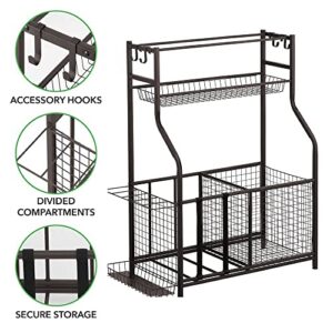 mDesign Metal Heavy Duty Garage Storage System Rack with Top Shelf, Multi-Purpose Sporting Goods Storage with Multiple Compartments, Baskets and Hooks - Holds Equipment, Balls, Bats - Bronze