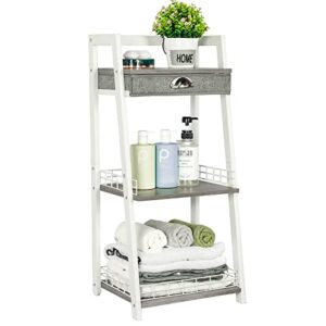 keomaisyto 3-tier bathroom ladder shelf, floor storage shelf with drawer, freestanding open tower shelving unit for bathroom living room balcony（white）