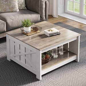 yitahome coffee table farmhouse coffee table with storage rustic wood cocktail table,square coffee table for living meeting room with half open storage compartment,grey wash