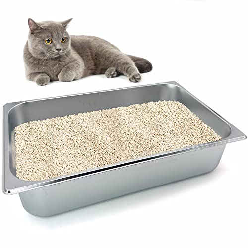 Fhiny Stainless Steel Litter Box for Cat, Large Size With High Sides and Non Slip Rubber Feet Cat Toilet Non Stick Smooth Surface Litter Pan Never Absorbs Odors Stains or Rusts Durable Kitten Supplies