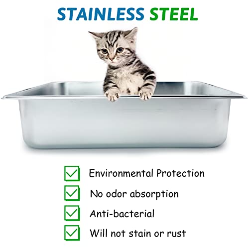 Fhiny Stainless Steel Litter Box for Cat, Large Size With High Sides and Non Slip Rubber Feet Cat Toilet Non Stick Smooth Surface Litter Pan Never Absorbs Odors Stains or Rusts Durable Kitten Supplies