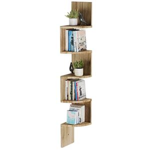 wallniture angolo corner shelf wall mount, 5 tier book shelf for wall decor, dvd storage, plant shelf living room, bedroom, office burnt finish wood