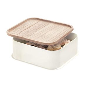 idesign recycled plastic medium storage bin with paulownia wood lid, small, coconut