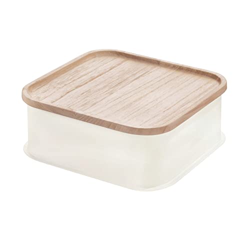 iDesign Recycled Plastic Medium Storage Bin with Paulownia Wood Lid, Small, Coconut