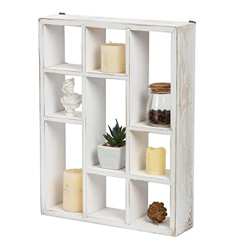 BlueGift Shadow Box Display Shelf 9-Slot Rustic Wood Floating Shelf Wall Mountable & Freestanding Shelf for Table or Desk, Vintage Whitewashed