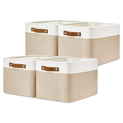 DULLEMELO Fabric Storage Bins for Laundry, Home, Foldable Storage Baskets for Shelves, Toys, Collapsible Storage Bins for Office, Closet,Bedroom(White&Khaki,15"x11"x9.5",4-Pack)