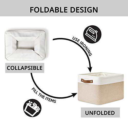 DULLEMELO Fabric Storage Bins for Laundry, Home, Foldable Storage Baskets for Shelves, Toys, Collapsible Storage Bins for Office, Closet,Bedroom(White&Khaki,15"x11"x9.5",4-Pack)