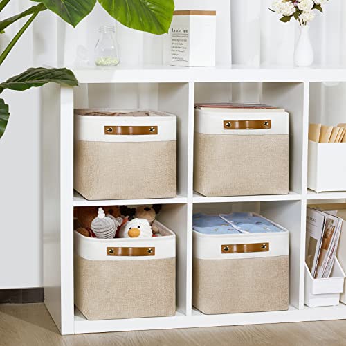 DULLEMELO Fabric Storage Bins for Laundry, Home, Foldable Storage Baskets for Shelves, Toys, Collapsible Storage Bins for Office, Closet,Bedroom(White&Khaki,15"x11"x9.5",4-Pack)