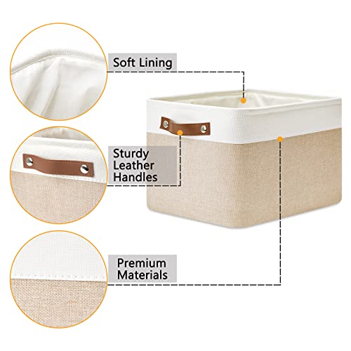 DULLEMELO Fabric Storage Bins for Laundry, Home, Foldable Storage Baskets for Shelves, Toys, Collapsible Storage Bins for Office, Closet,Bedroom(White&Khaki,15"x11"x9.5",4-Pack)