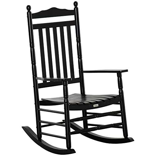 Outsunny Traditional Wooden High-Back Rocking Chair for Porch, Indoor/Outdoor, Black