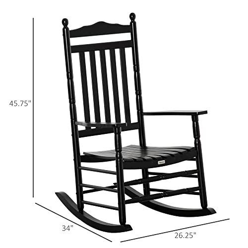 Outsunny Traditional Wooden High-Back Rocking Chair for Porch, Indoor/Outdoor, Black