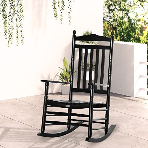 Outsunny Traditional Wooden High-Back Rocking Chair for Porch, Indoor/Outdoor, Black