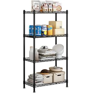 sorcedas shelve 4 tier adjustable utility metal storage wire rack unit for home kitchen garage bathroom office indoor black (black, 4 tier-adjustable feets)